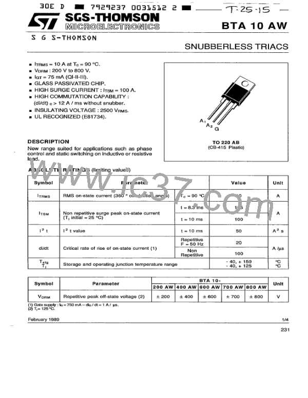 BTA10-800AW (ETC) PDF技术资料下载 BTA10-800AW 供应信息 IC Datasheet 数据表 (1/4 页)-芯三七