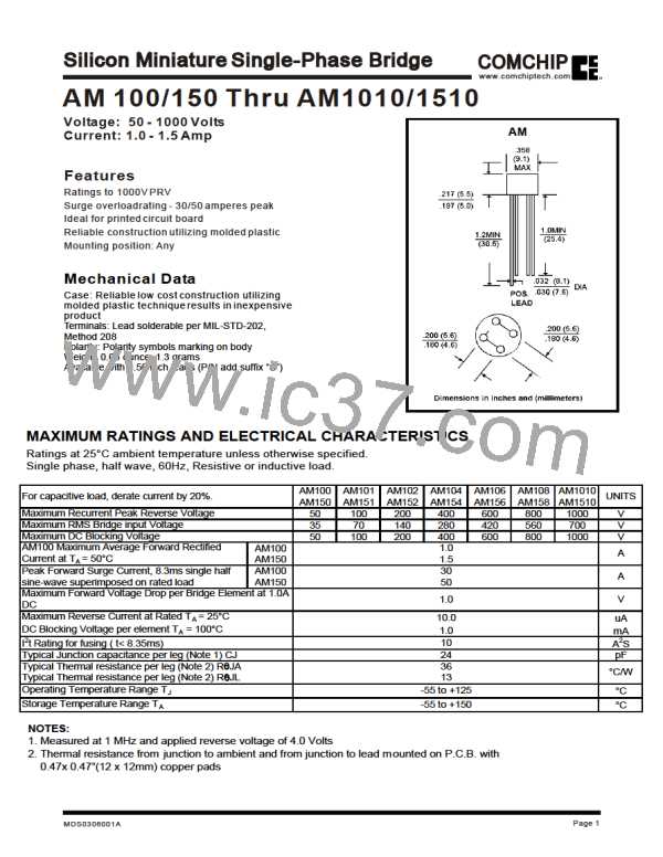 AM104 (COMCHIP) PDF技术资料下载 AM104 供应信息 IC Datasheet 数据表 (1/2 页)-芯三七