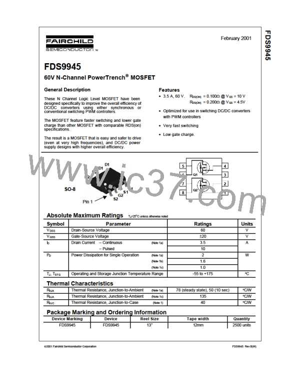 FDS9945 (FAIRCHILD) PDF技术资料下载 FDS9945 供应信息 IC Datasheet 数据表 (1/5 页)-芯三七