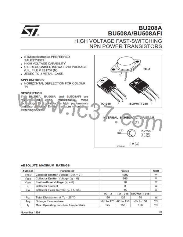 BU508A (STMICROELECTRONICS) PDF技术资料下载 BU508A 供应信息 IC Datasheet 数据表 (1/8 页)-芯三七