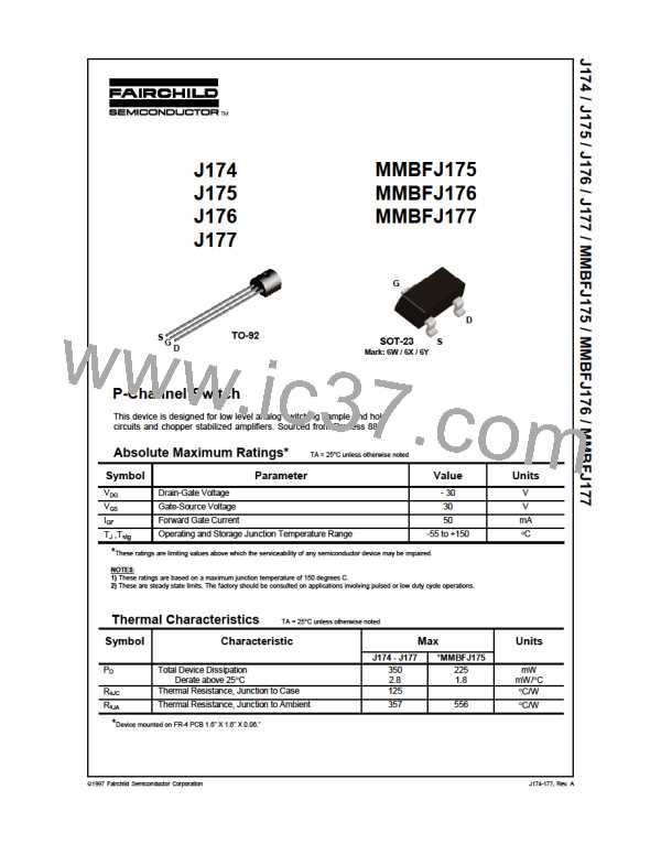 J175 (FAIRCHILD) PDF技术资料下载 J175 供应信息 IC Datasheet 数据表 (3/5 页)-芯三七