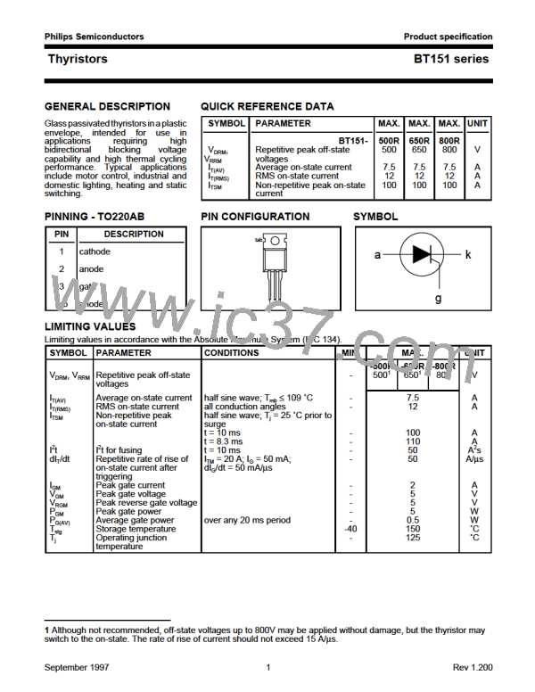 BT151 (NXP) PDF技术资料下载 BT151 供应信息 IC Datasheet 数据表 (1/6 页)-芯三七