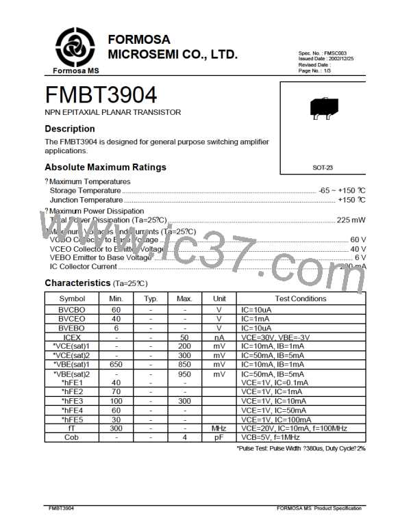 FMBT3904 (FORMOSA) PDF技术资料下载 FMBT3904 供应信息 IC Datasheet 数据表 (1/3 页)-芯三七