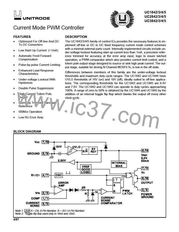 UC2844 (TI) PDF技术资料下载 UC2844 供应信息 IC Datasheet 数据表 (1/8 页)-芯三七