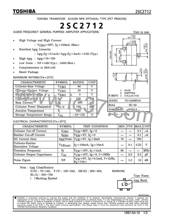 2SC2712 (TOSHIBA) PDF技术资料下载 2SC2712 供应信息 IC Datasheet 数据表 (1/3 页)-芯三七