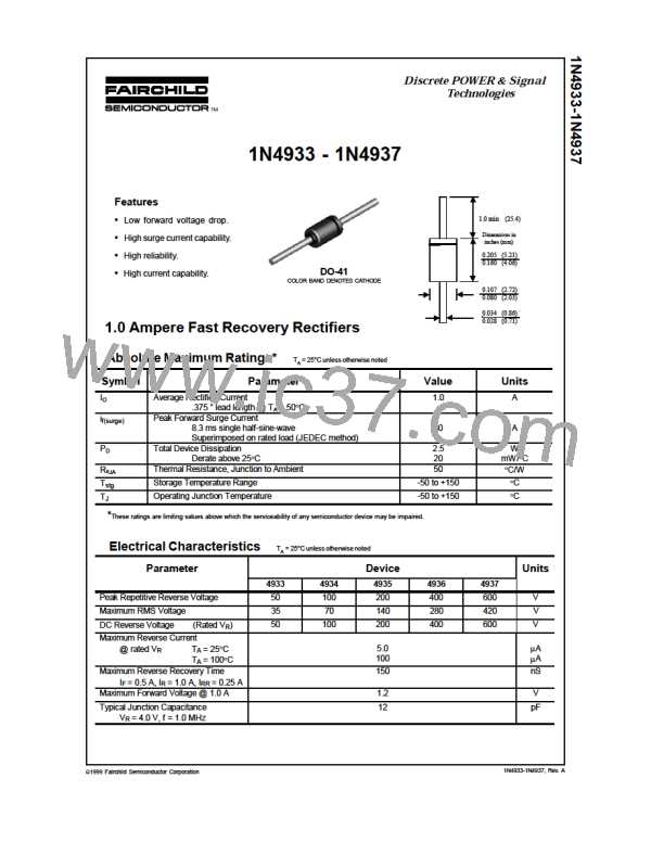 1N4937 (FAIRCHILD) PDF技术资料下载 1N4937 供应信息 IC Datasheet 数据表 (1/3 页)-芯三七