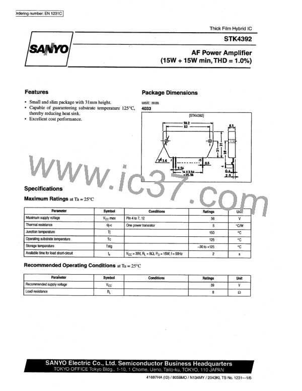STK4392 (SANYO) PDF技术资料下载 STK4392 供应信息 IC Datasheet 数据表 (2/2 页)-芯三七