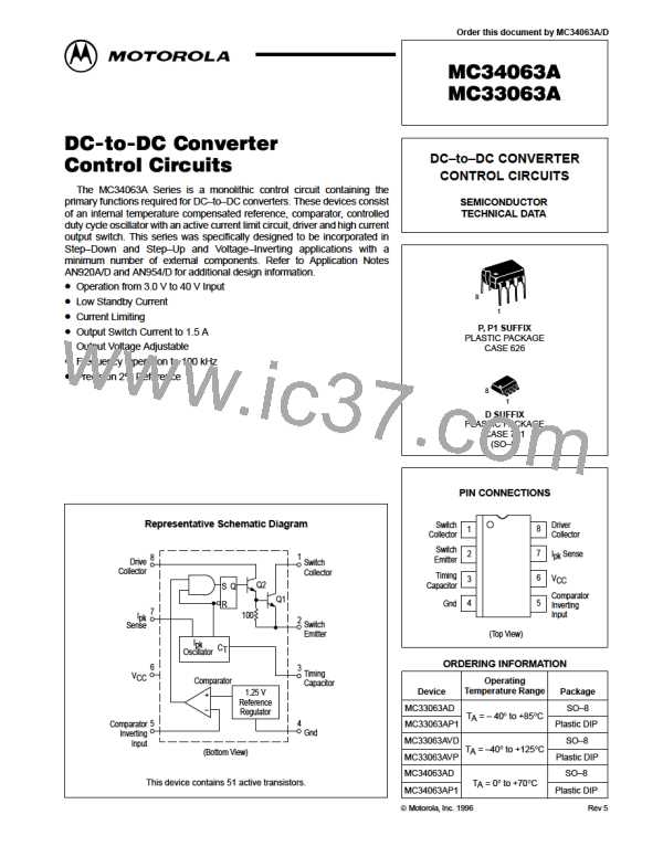 MC34063 (ONSEMI) PDF技术资料下载 MC34063 供应信息 IC Datasheet 数据表 (1/12 页)-芯三七