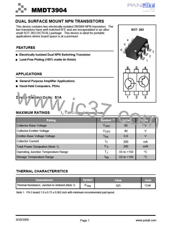 MMDT3904T/R13 (PANJIT) PDF技术资料下载 MMDT3904T/R13 供应信息 IC Datasheet 数据表 (1 ...