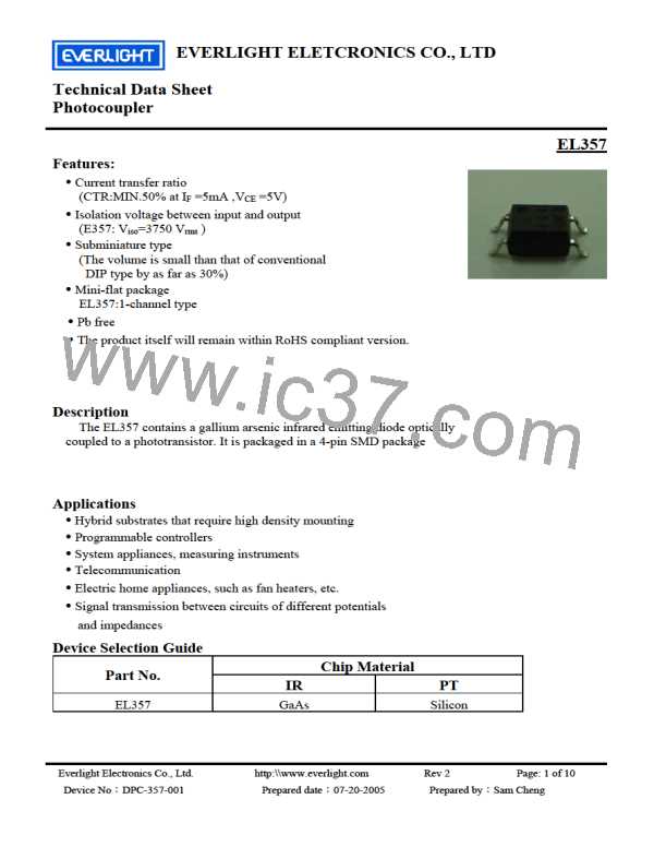 EL357N(B)(TA)-G (EVERLIGHT) PDF技术资料下载 EL357N(B)(TA)-G 供应信息 IC Datasheet 数据表 (1/10 页)-芯三七