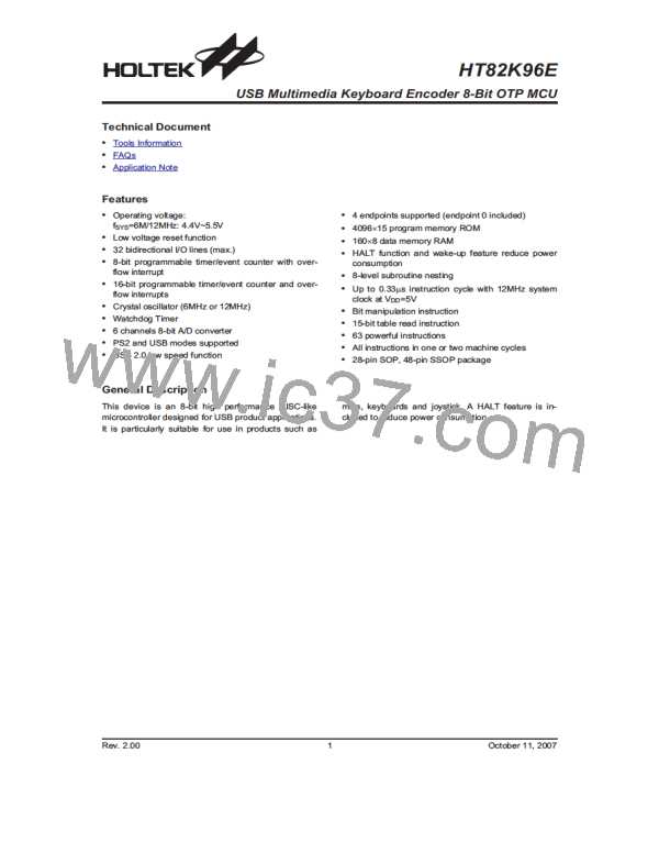 HT82K96E_07 (HOLTEK) PDF技术资料下载 HT82K96E_07 供应信息 IC Datasheet 数据表 (1/44 ...