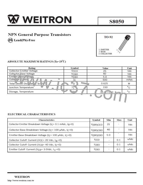 S8050 (WEITRON) PDF技术资料下载 S8050 供应信息 IC Datasheet 数据表 (1/4 页)-芯三七