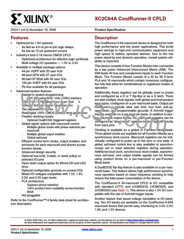 XC2C64A-5VQG44C (XILINX) PDF技术资料下载 XC2C64A-5VQG44C 供应信息 IC Datasheet 数据 ...
