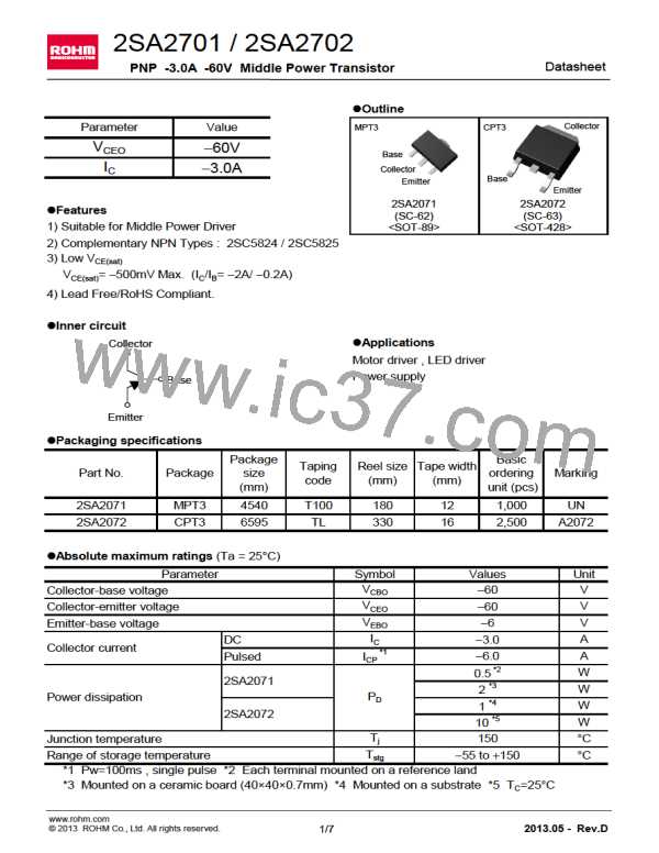 2SA2071T100 (ROHM) PDF技术资料下载 2SA2071T100 供应信息 IC Datasheet 数据表 (1/8 页)-芯三七
