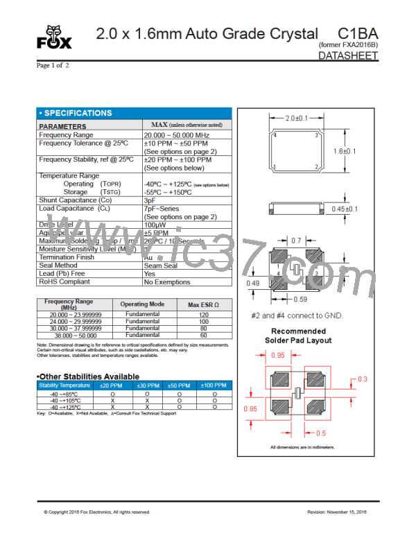 FC1BAHBAI50.0 (FOX) PDF技术资料下载 FC1BAHBAI50.0 供应信息 IC Datasheet 数据表 (1/2 页)-芯三七